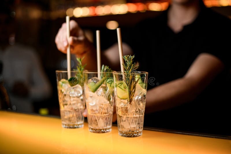Selective Focus on Glasses with Gin Tonic Cocktail Bar Counter Stock ...