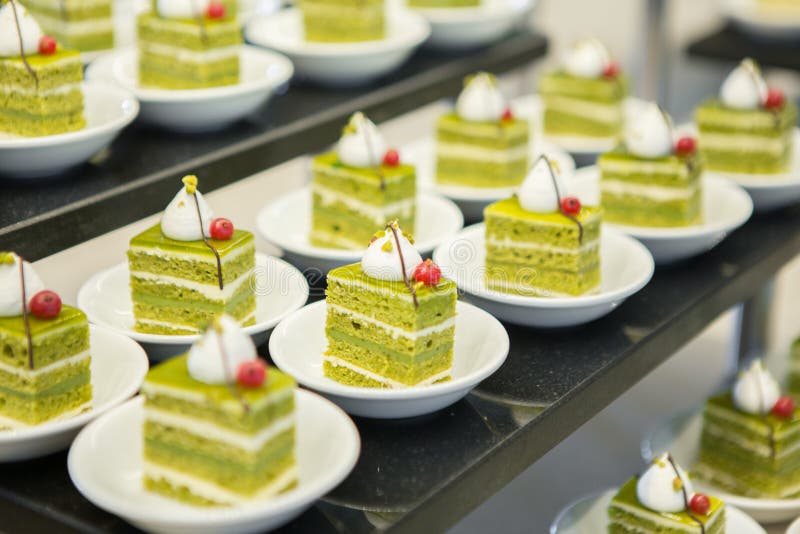 Selective Focus of Green Tea Cake on the Buffet Counter Stock Photo ...