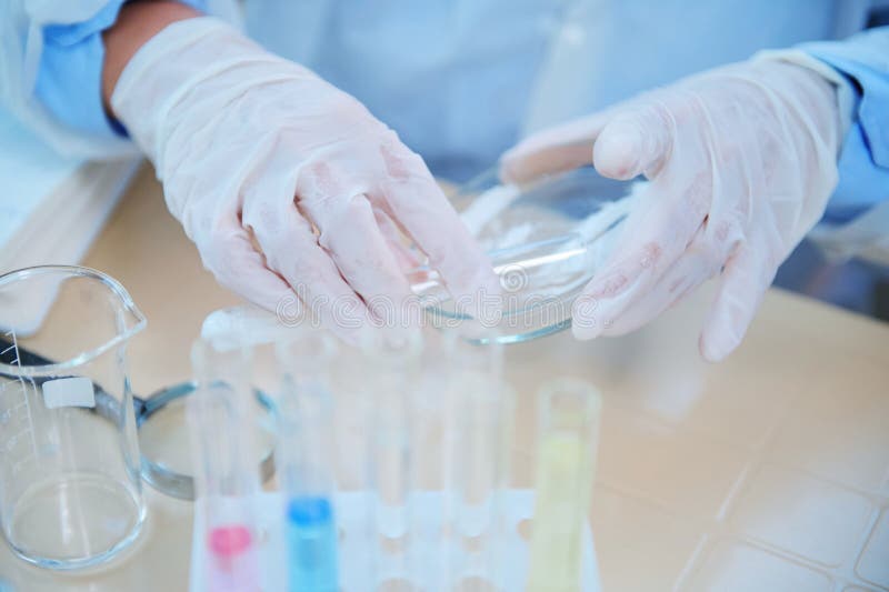 Focus on the Hands in Protective Gloves of a Lab Assistant, Pouring ...