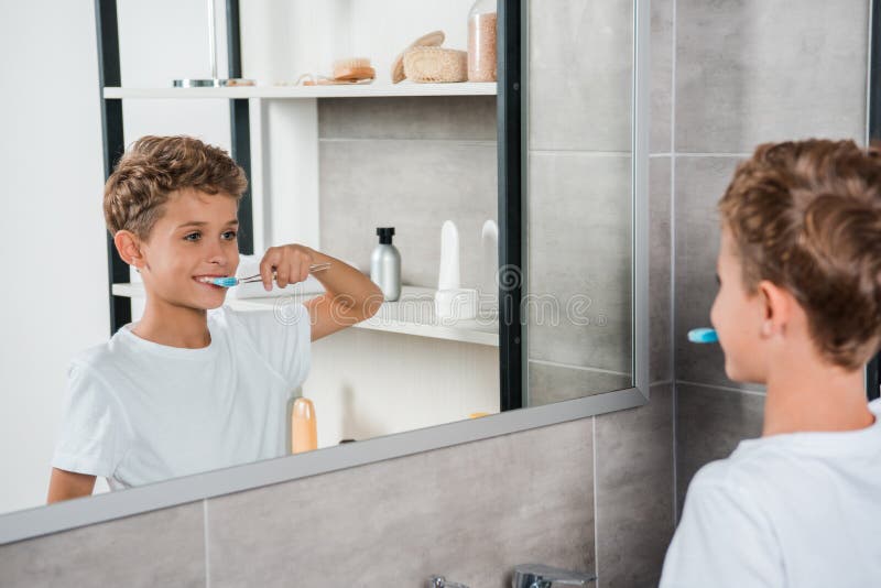 Selective Focus of Happy Kid Brushing Stock Photo - Image of hygiene ...