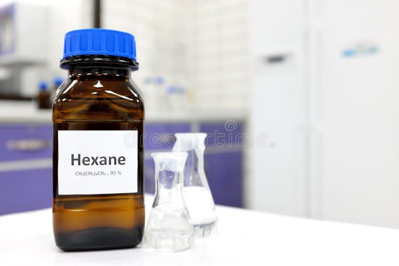 Selective Focus of Hexane Liquid Chemical Compound in Dark Glass Bottle ...