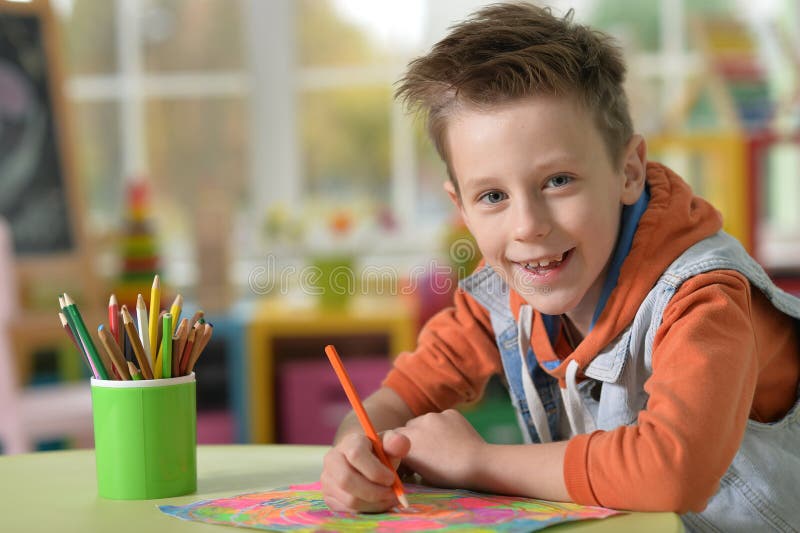 Selective Focus of Kid Drawing at Desk Stock Image - Image of child ...