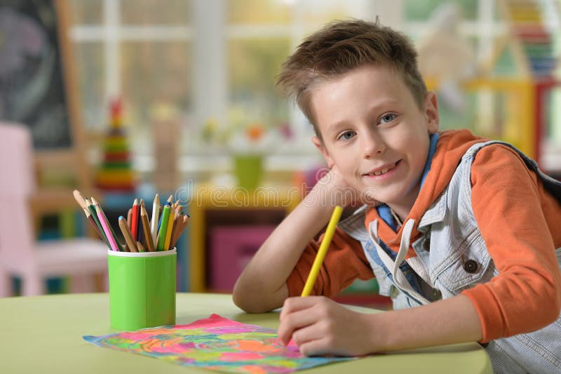 Selective Focus of Kid Drawing at Desk Stock Photo - Image of pretty ...