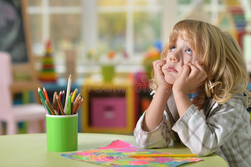 Selective Focus of Kid Drawing at Desk Stock Image - Image of person ...