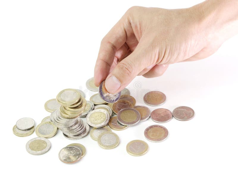 Selective Focus of Man Hand Holding Coin in a Meaning Income Stock ...