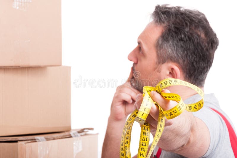 Mover Guy Measuring Bunch of Boxes with Ruler Tape Stock Image - Image ...