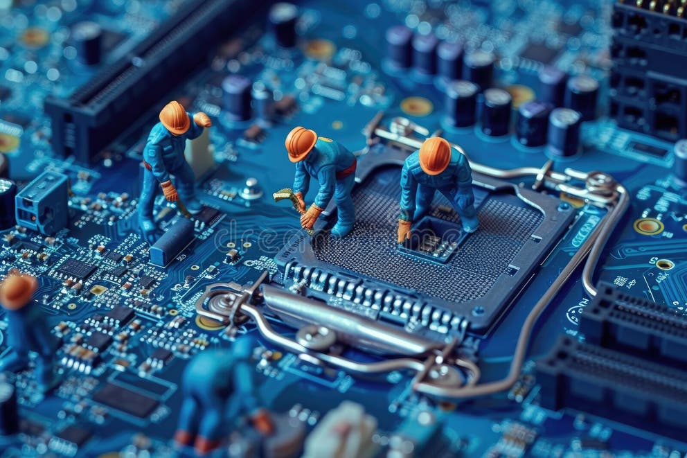 Selective Focus of Miniature Engineer and Worker Fixed and Maintenance Mainboard Computer. Stock ...