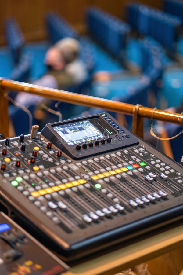 Selective Focus of a Mixing Console on a Wooden Table in a Hall, Ready ...