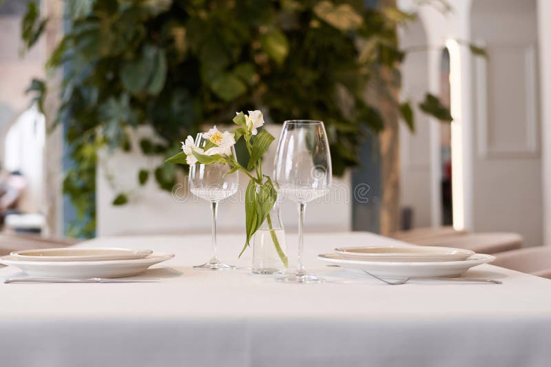 Table Set for Two in Modern Restaurant Stock Photo - Image of serve ...