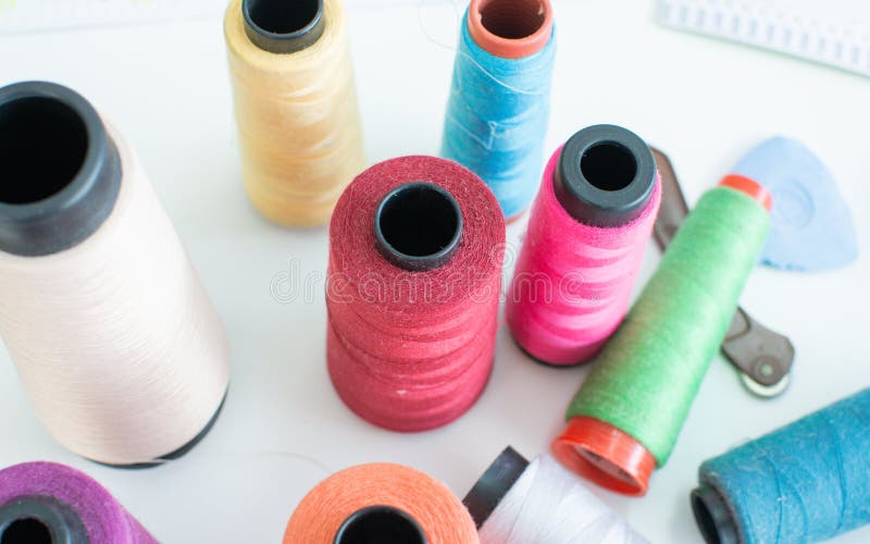 Selective Focus of Object Colorful Thread Spools for Sewing on Table ...