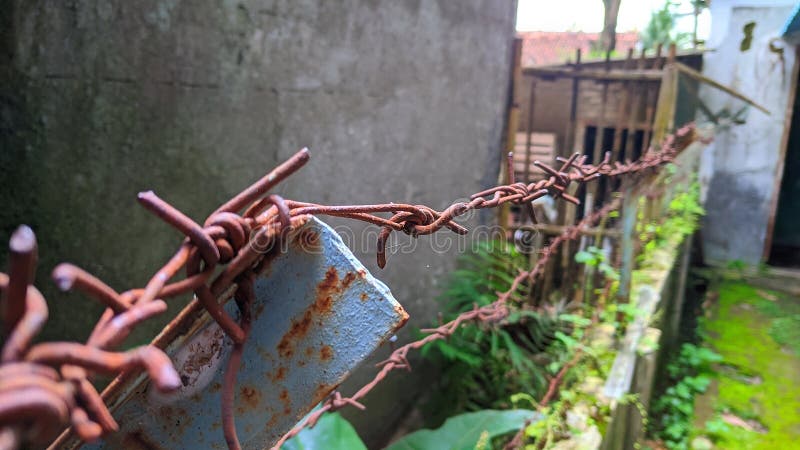 Selective Focus of Old Rusty Barbed Wire Fence Behind House Stock Photo ...