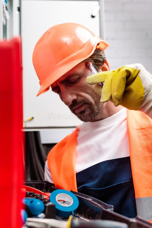 Focus of Pensive Electrician Looking at Stock Image - Image of european ...