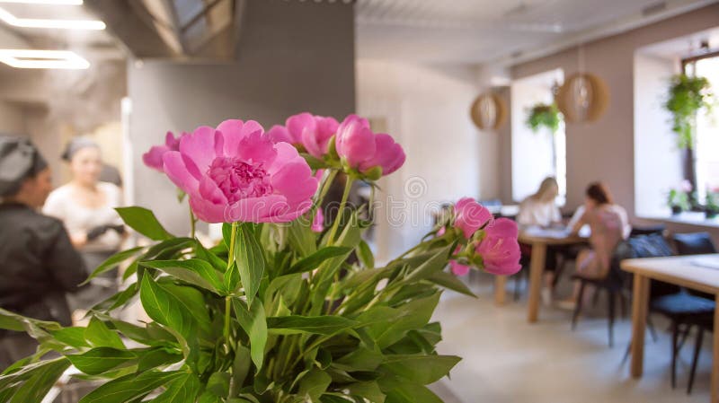 Selective Focus on Pink Flowers of Modern Restaurant with Workers ...