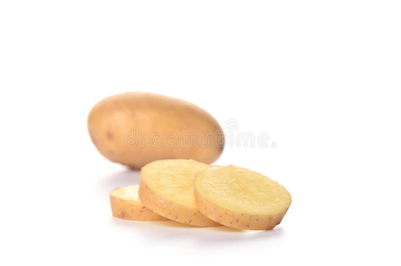 Selective Focus. Potato Cut Slices Isolated on White Background. Copy ...
