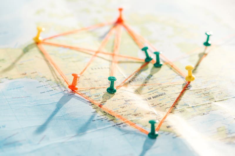 Selective Focus of Push Pins and Strings on World Map. Stock Photo ...