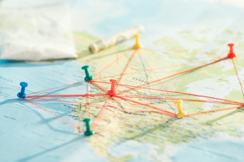 Selective Focus of Push Pins and Strings on World Map. Stock Image ...