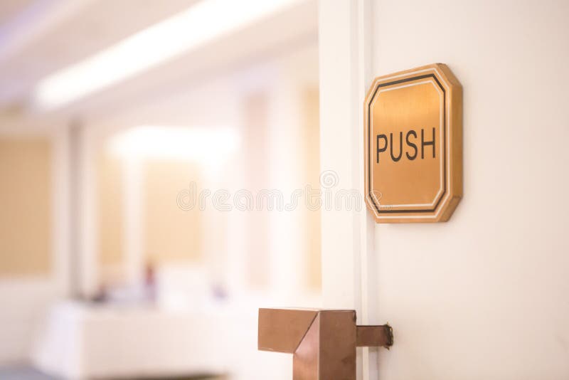 Selective Focus of Push Sign on the White Door of the Seminar Room ...