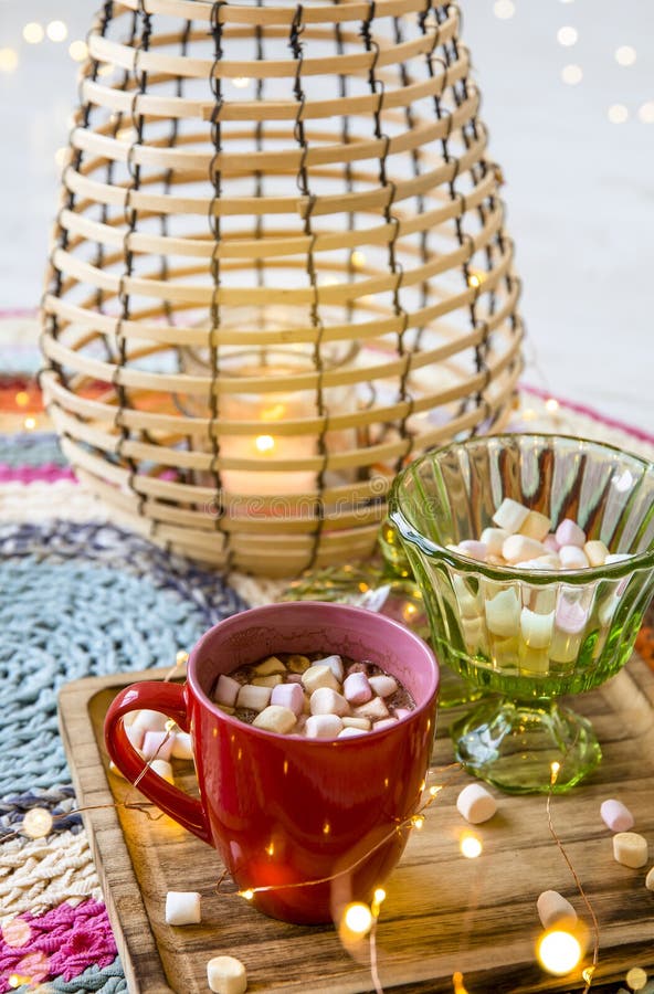 Selective Focus on Red Cup of Cocoa with Pastel Color Marshmallows ...