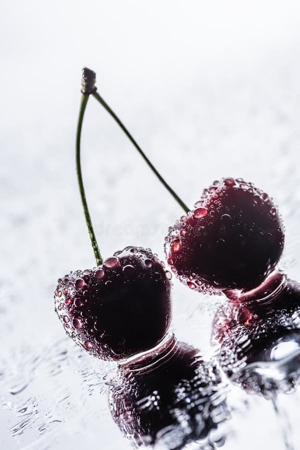 Selective Focus of Red Ripe Cherries with Water Drops on Wet Stock ...