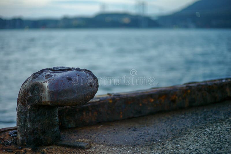 Selective Focus of Rusted Steel Post for Seizing the Ship at the Pier ...