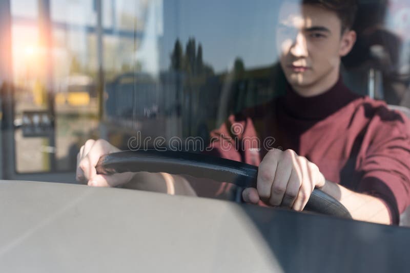 Selective Focus of Serious Bus Driver Holding Stock Image - Image of ...