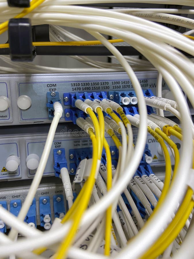 Selective Focus Server Rack with Fiber Optic Cables Connected To Front ...