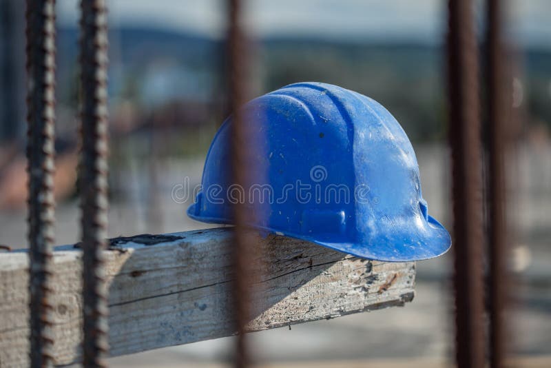 Selective Focus Shot of the Blue Construction Safety Helmet at a ...