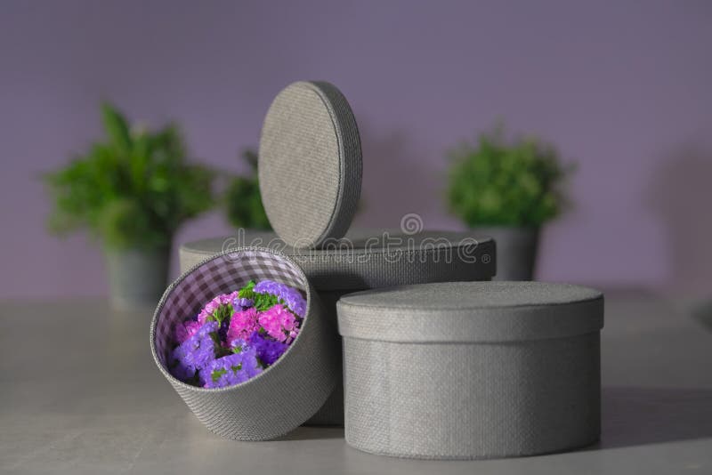 Selective Focus Shot of Gray Round Boxes in Different Sizes with Purple ...