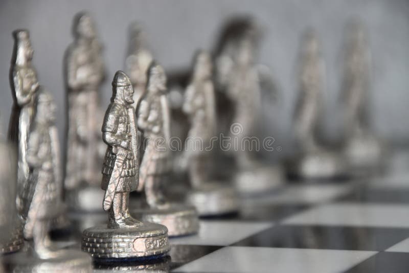 Selective Focus Shot of Silver Realistic Chess Pieces on a Board Stock ...