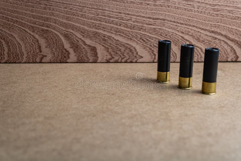 Selective Focus Shot of Three Black Shotgun Shells on a Brown Surface ...