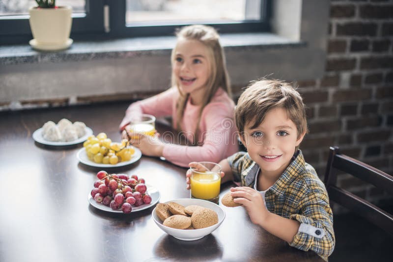 Selective Focus of Siblings Having Breakfast Together Stock Image ...