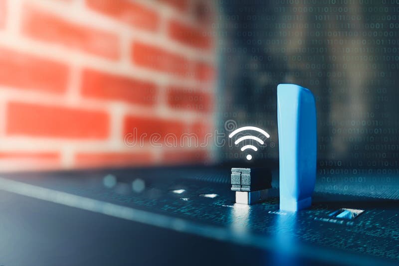 Selective Focus of Small Portable WiFi Router Plugs into Computer USB ...