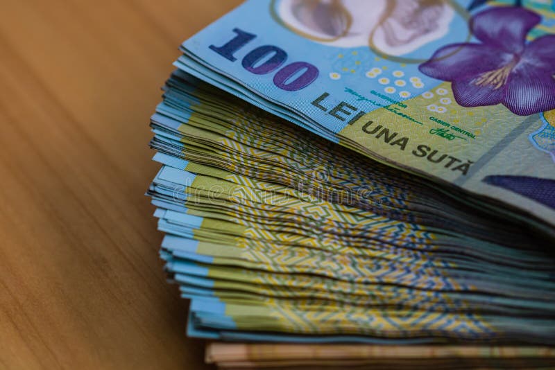 Selective Focus on Stack of LEI Romanian Money. Lei Banknotes Isolated ...