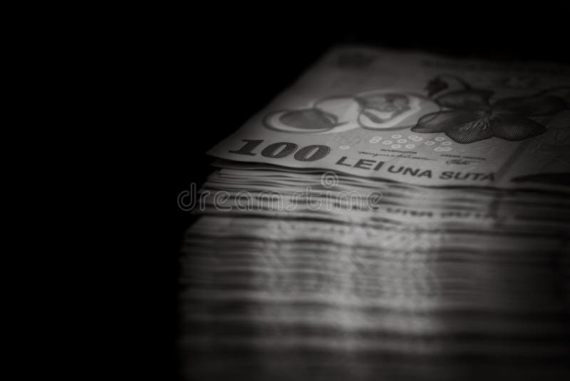Selective Focus on Stack of LEI Romanian Money. Lei Banknotes Isolated ...