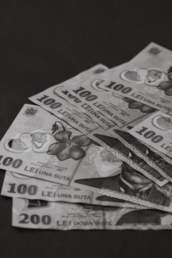 Selective Focus on Stack of LEI Romanian Money. Lei Banknotes Isolated ...