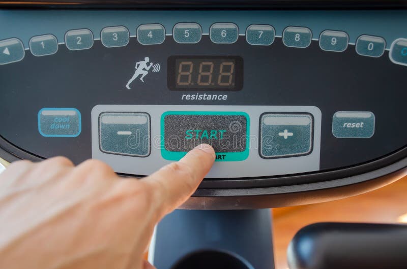 Selective Focus `start`, Male Hand Pushes Green Start Button on a ...