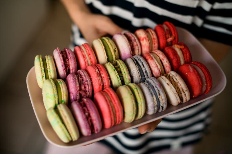 Selective Focus on Tasty Colorful Macarons Cakes Lying in Rows on Tray ...
