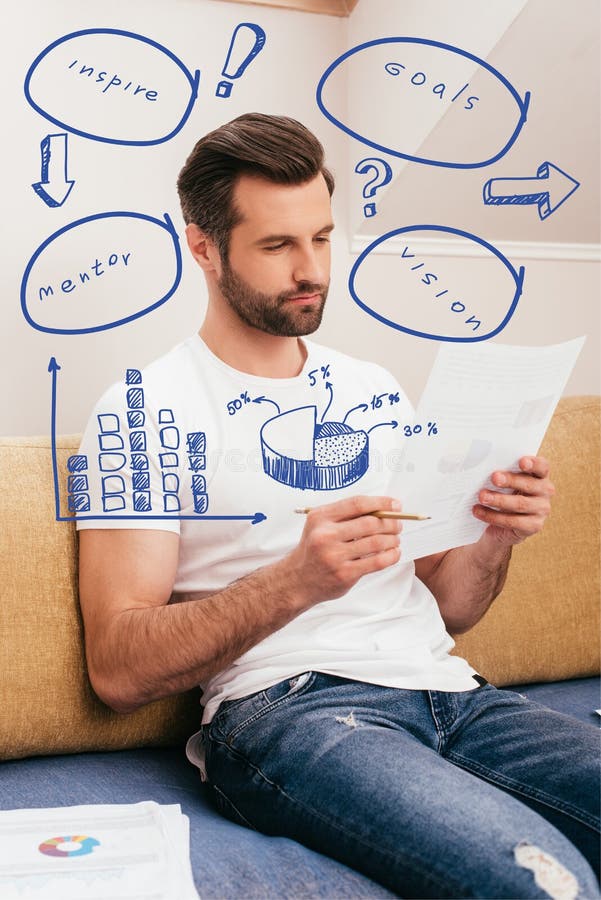 Selective Focus of Handsome Teleworker Working Stock Photo - Image of ...