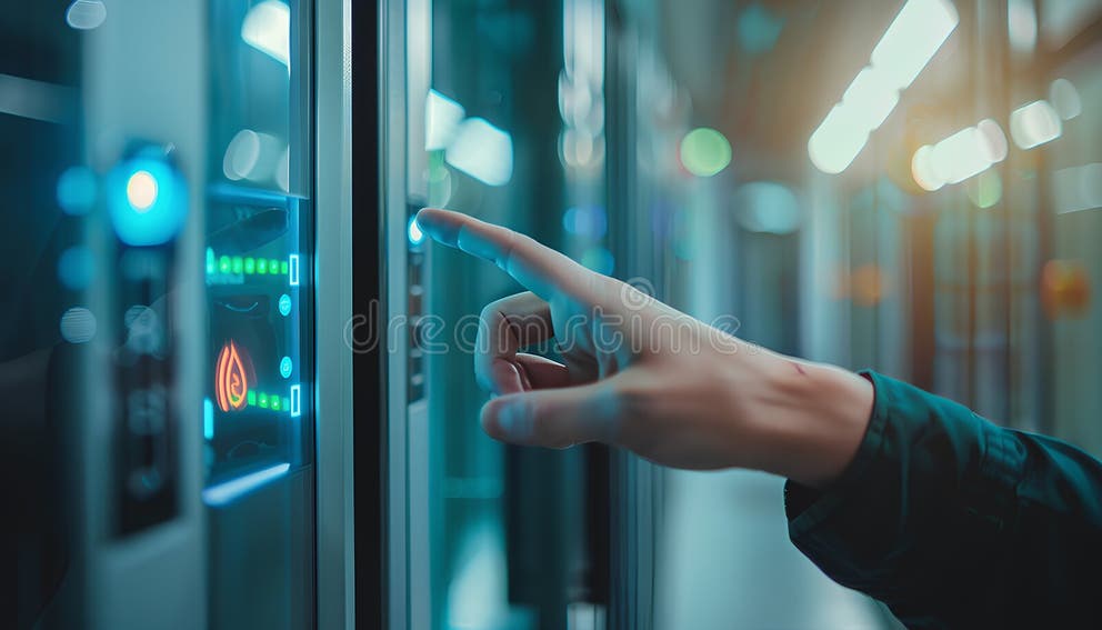 Selective Focus To Finger Scan Reader with Finger is Scaning on it. Electronic Control Machine ...