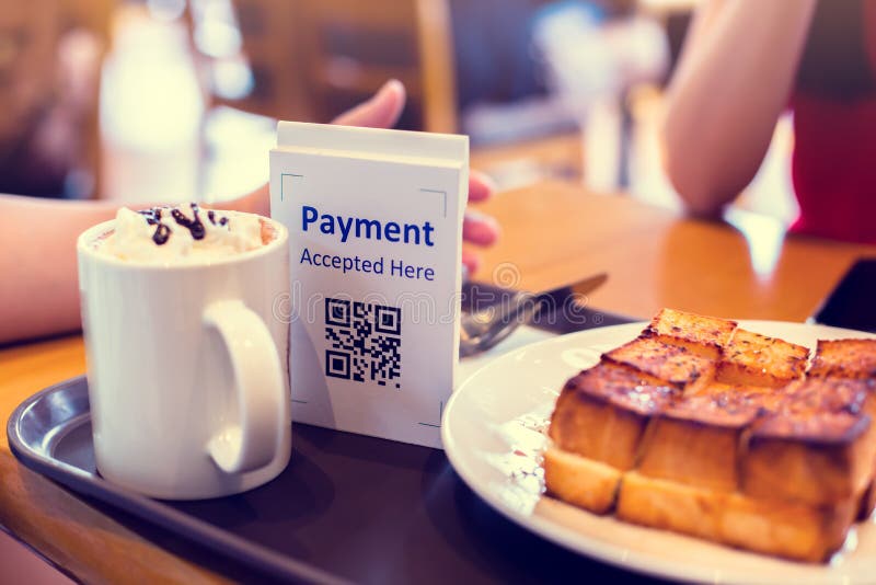 Selective Focus To QR Code Payment Tag with Blur Bread Set Meal and ...