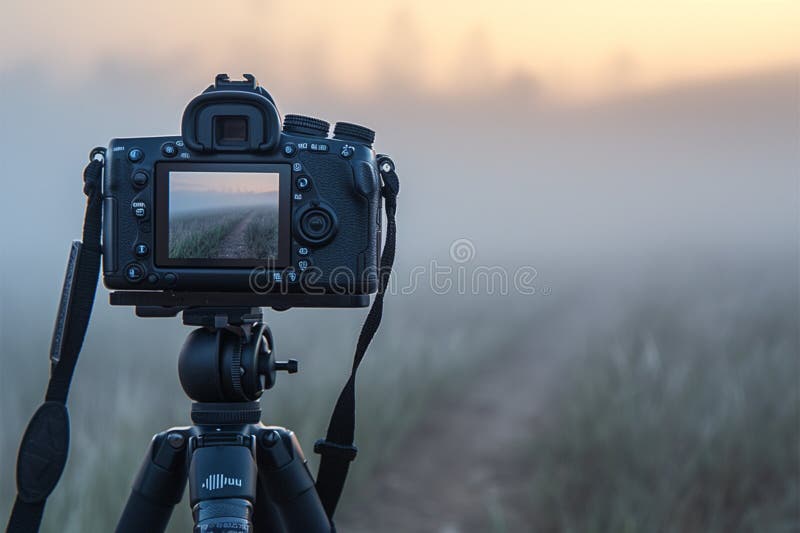 Selective Focus on Tripod Mounted Camera Capturing Misty Summer ...