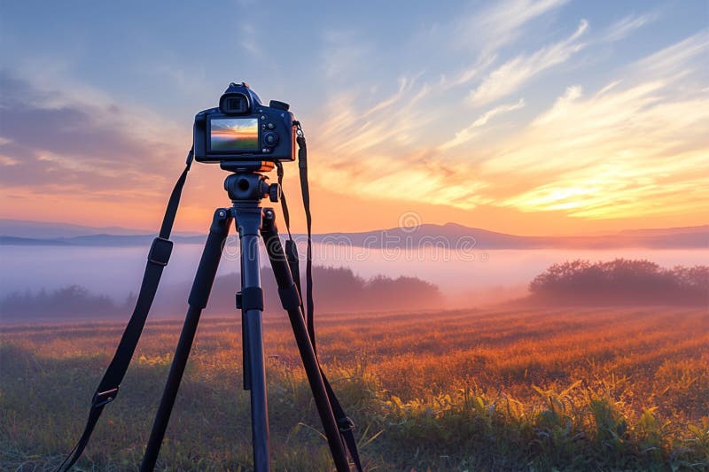 Selective Focus on Tripod Mounted Camera Capturing Misty Summer ...