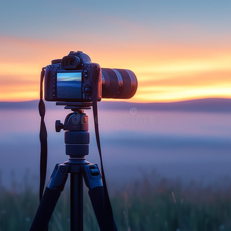 Selective Focus on Tripod Mounted Camera Capturing Misty Summer ...
