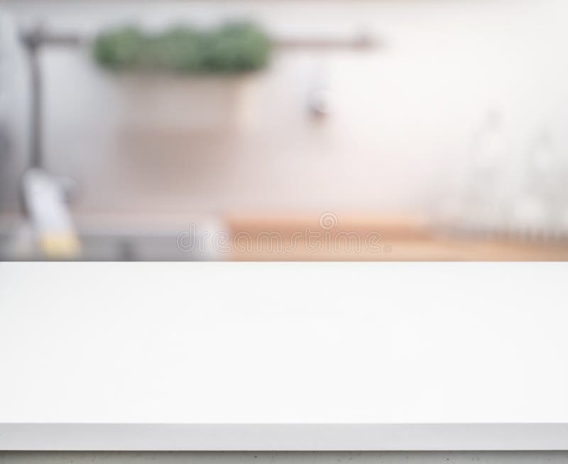 Selective Focus/White Table Top on Blur Kitchen Counter Roombackground ...