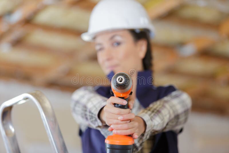 Selective Focus Woman Engineer Pointing at Camera Drill Stock Photo ...