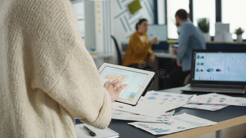 Selective Focus on Woman Hands Holding Tablet Zooming in on Sales Pie ...