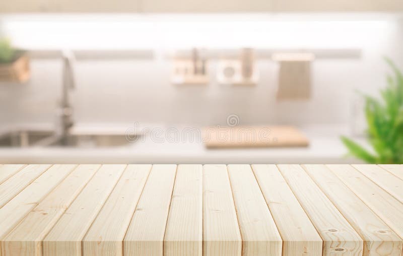 Selective Focus.Wood Table Top on Blur Kitchen Counter Background Stock ...
