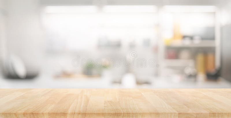 Selective Focus.Wood Table Top on Blur Kitchen Counter Background Stock ...