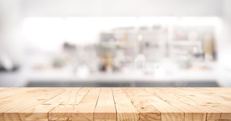 Selective Focus.Wood Table Top on Blur Kitchen Counter Background.for ...