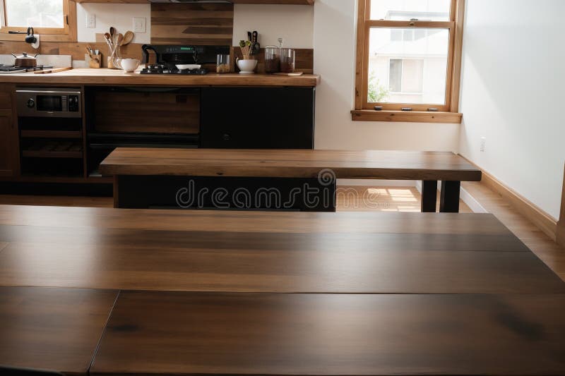 Selective Focus.Wood Table Top on Blur Kitchen Counter Background.for ...